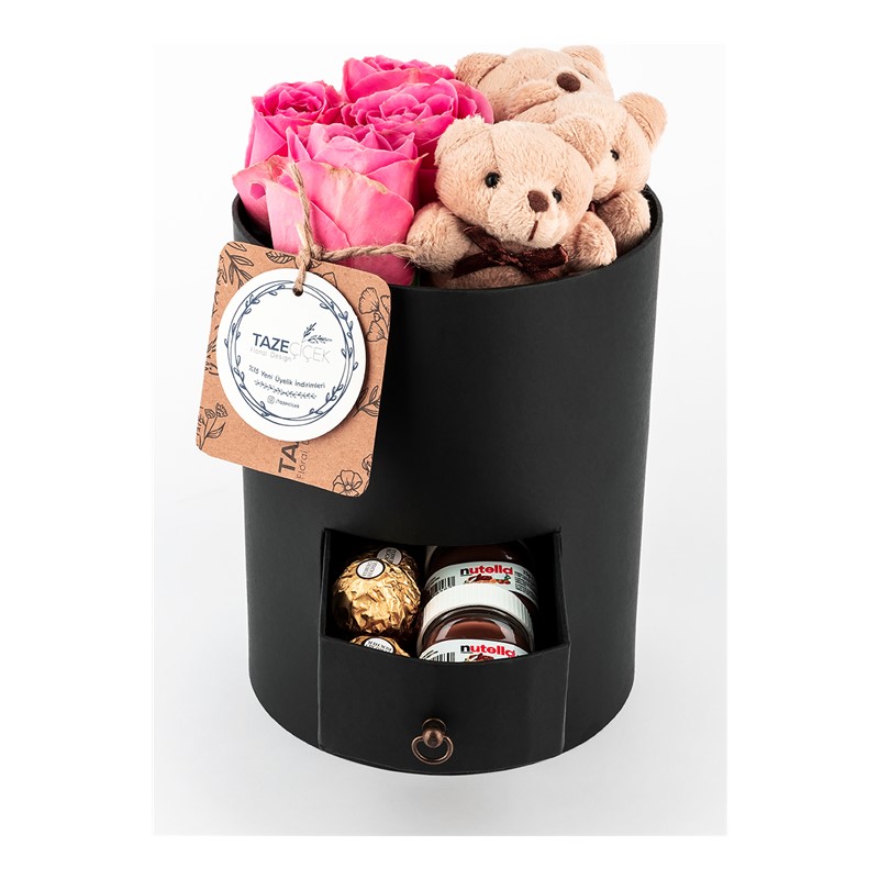Black Circle Box with Pink Roses | Taze Çiçek