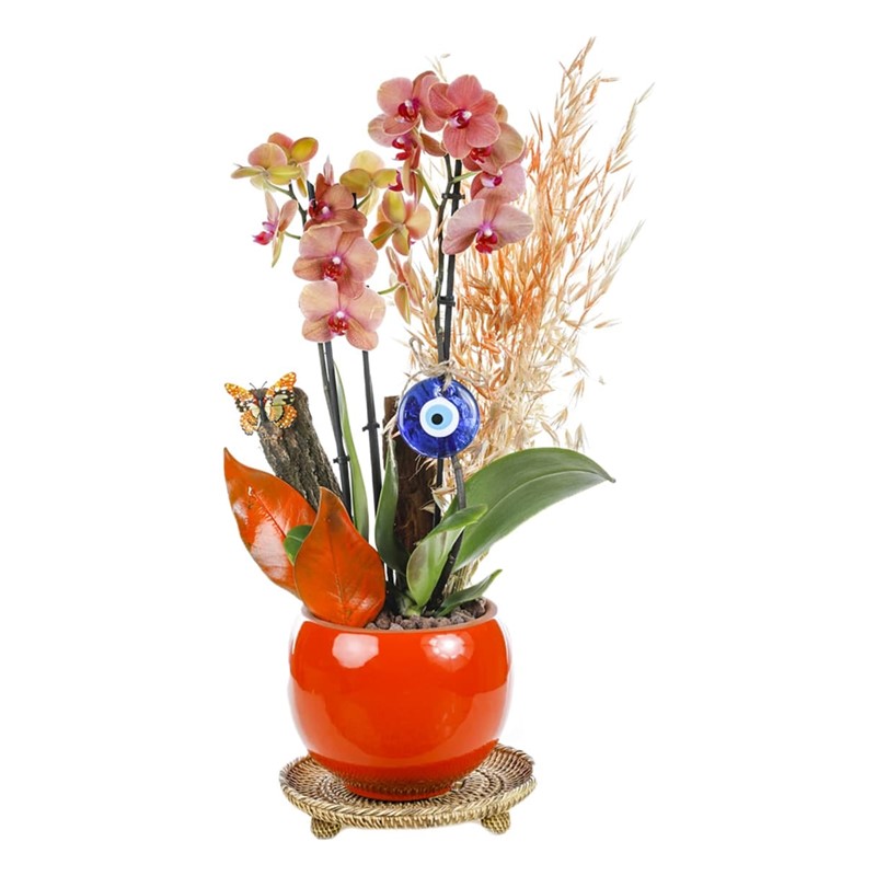 Orange flower pot and evil eye bead/Taze Çiçek
